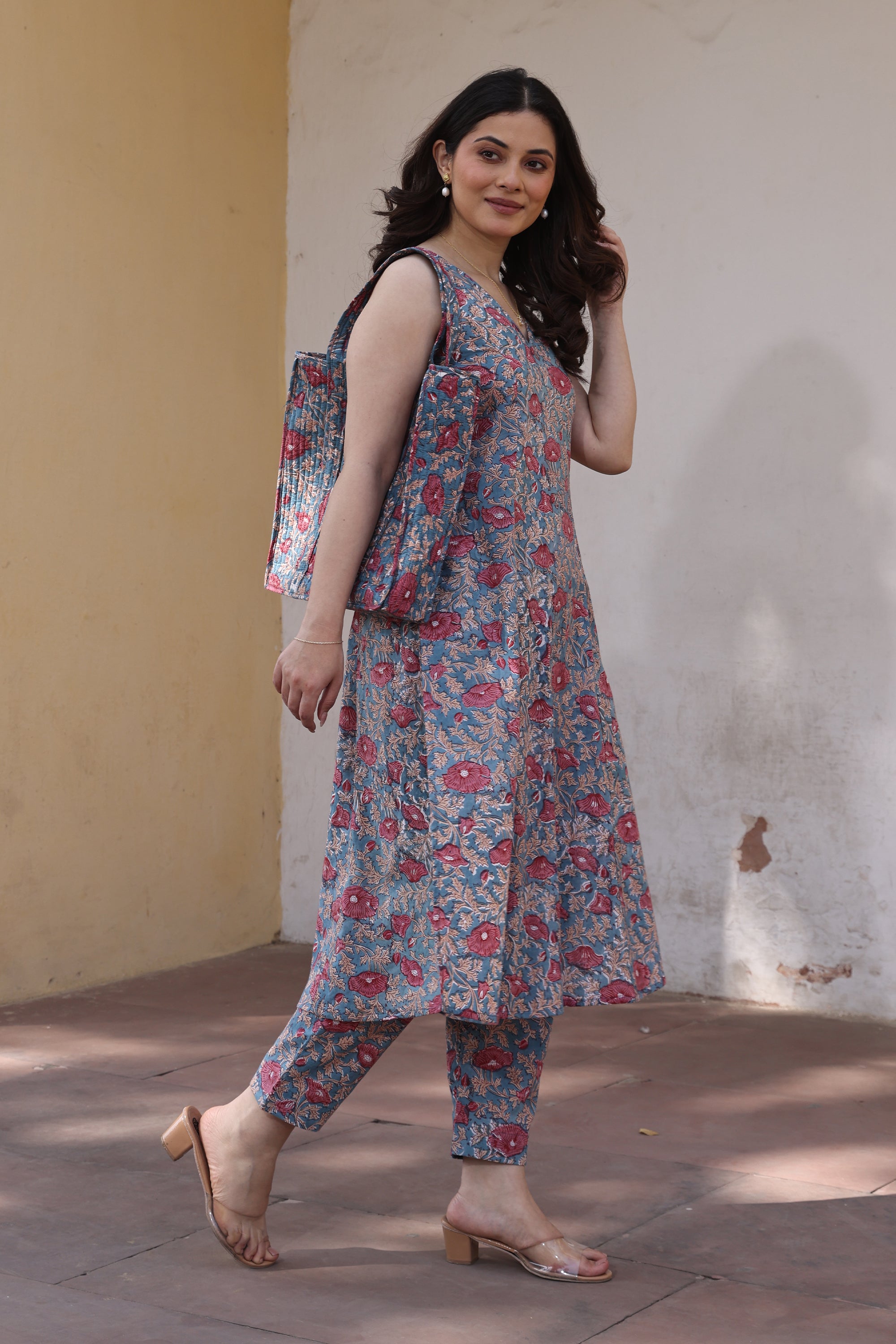 Blue Red Jaali Handblock Print Cotton Suit Set