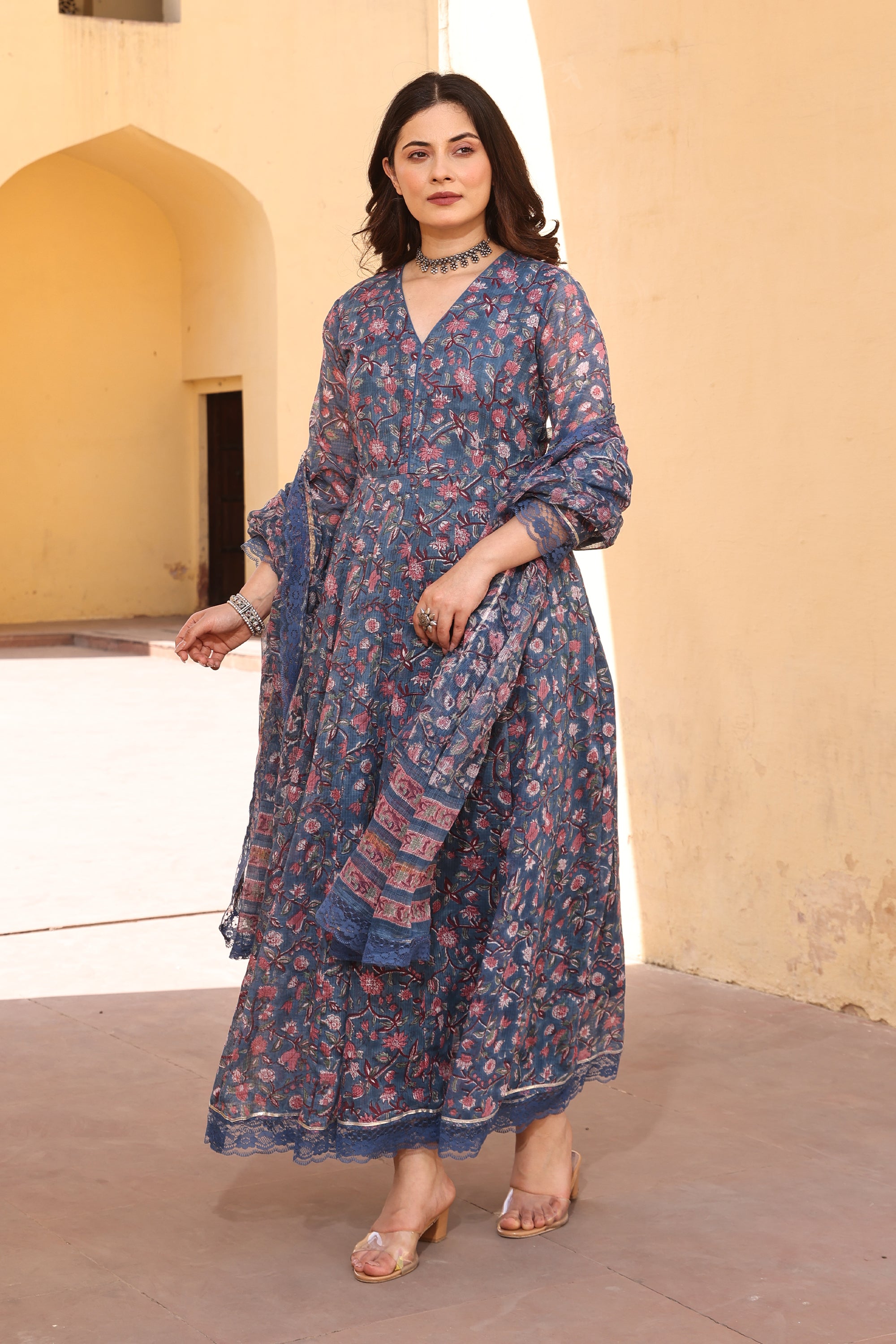 Blue Doriya Jaali Pink Anarkali Set